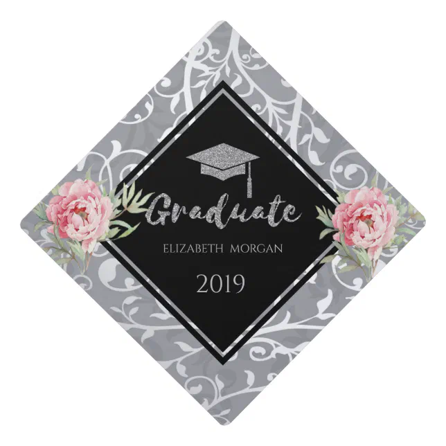 Silver Glitter Graduate Cap,Damask,Roses Graduation Cap Topper | Zazzle