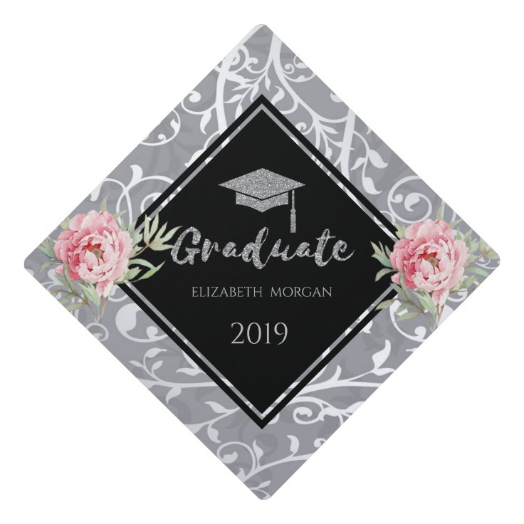Silver Glitter Graduate Cap,Damask,Roses Graduation Cap Topper | Zazzle
