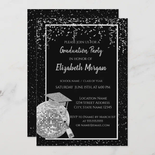 Silver Glitter Graduation Cap,Disco Ball Confetti Invitation | Zazzle