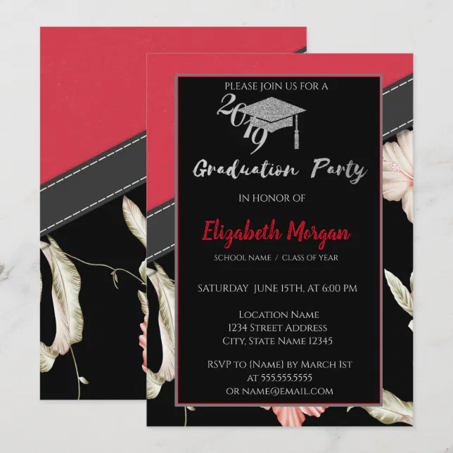 Silver Glitter Graduation Cap, Flowers Invitation | Zazzle