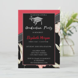 Silver Glitter Graduation Cap, Flowers Invitation | Zazzle