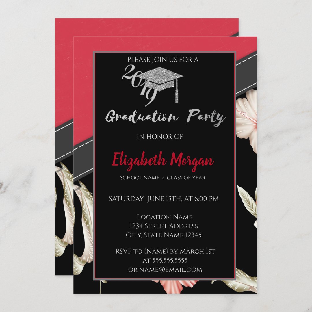 Silver Glitter Graduation Cap, Flowers Invitation | Zazzle