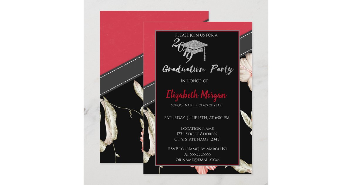 Silver Glitter Graduation Cap, Flowers Invitation | Zazzle