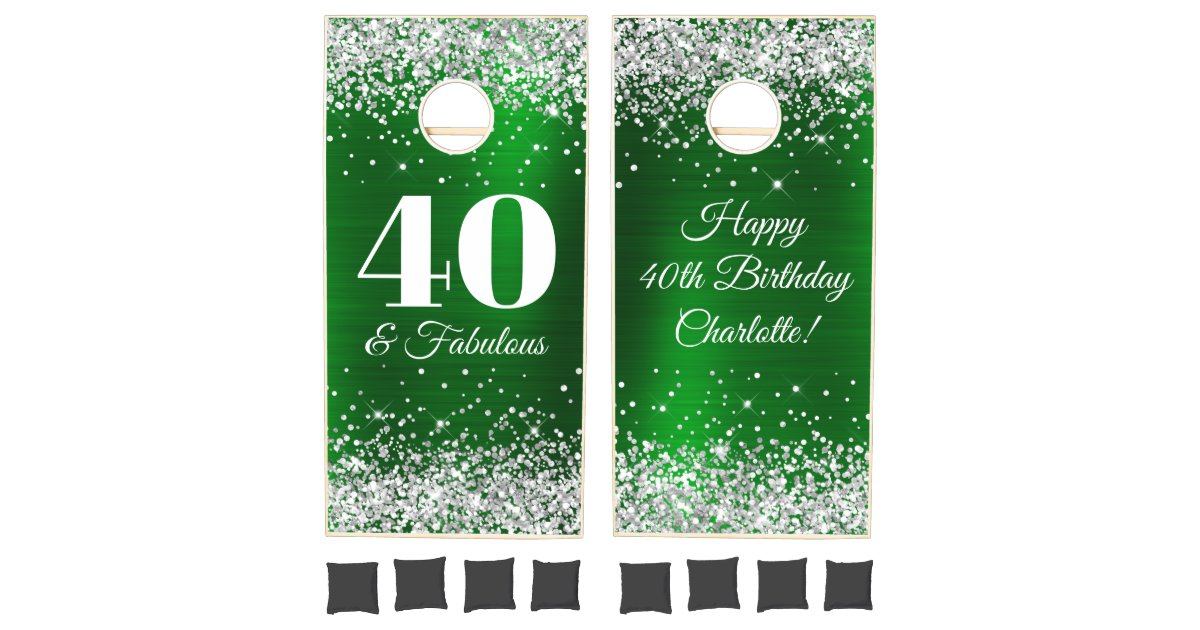 Silver Glitter Green Foil 40th Birthday Cornhole Set | Zazzle