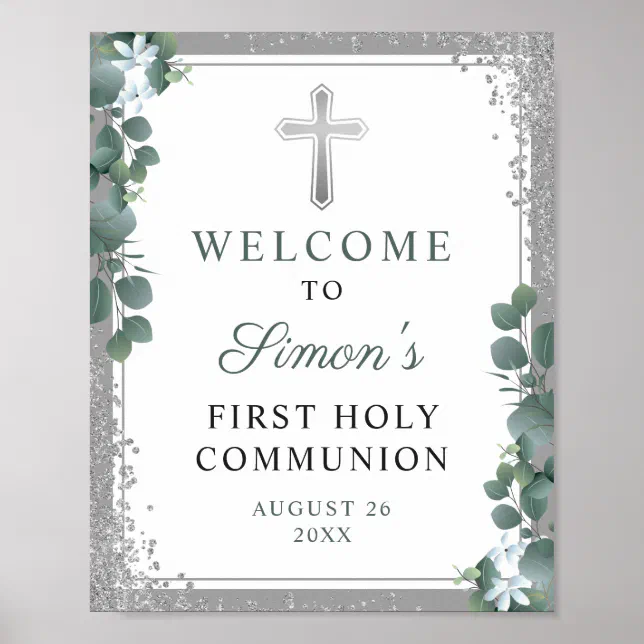 Silver Glitter Greenery First Communion Welcome Poster | Zazzle