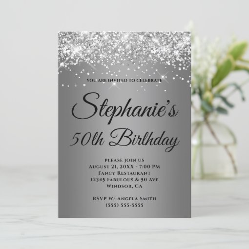Silver Glitter Grey Edge Gradient Invitation | Zazzle