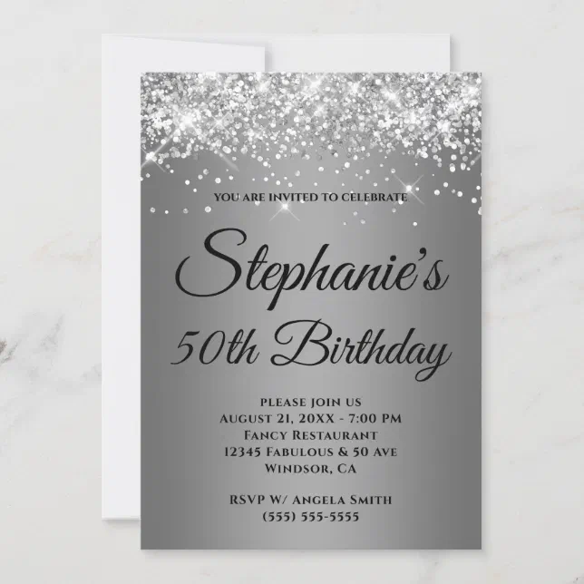 Silver Glitter Grey Edge Gradient Invitation | Zazzle