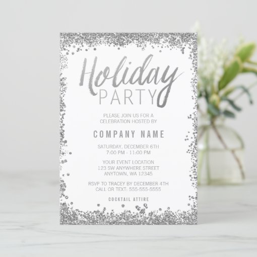 Silver Glitter Holiday Party Invitations | Zazzle
