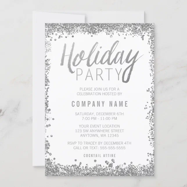 Silver Glitter Holiday Party Invitations | Zazzle