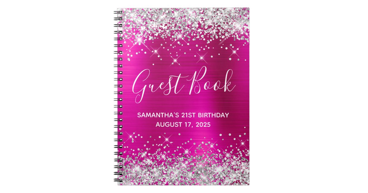 Silver Glitter Hot Pink 21st Birthday Guestbook Notebook | Zazzle