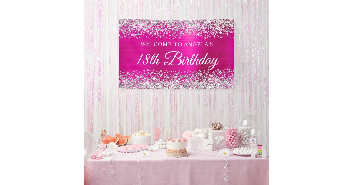 Silver Glitter Hot Pink Foil 18th Birthday Welcome Banner | Zazzle