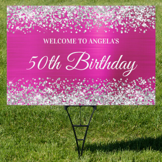 Silver Glitter Hot Pink Foil 50th Birthday Welcome Sign | Zazzle