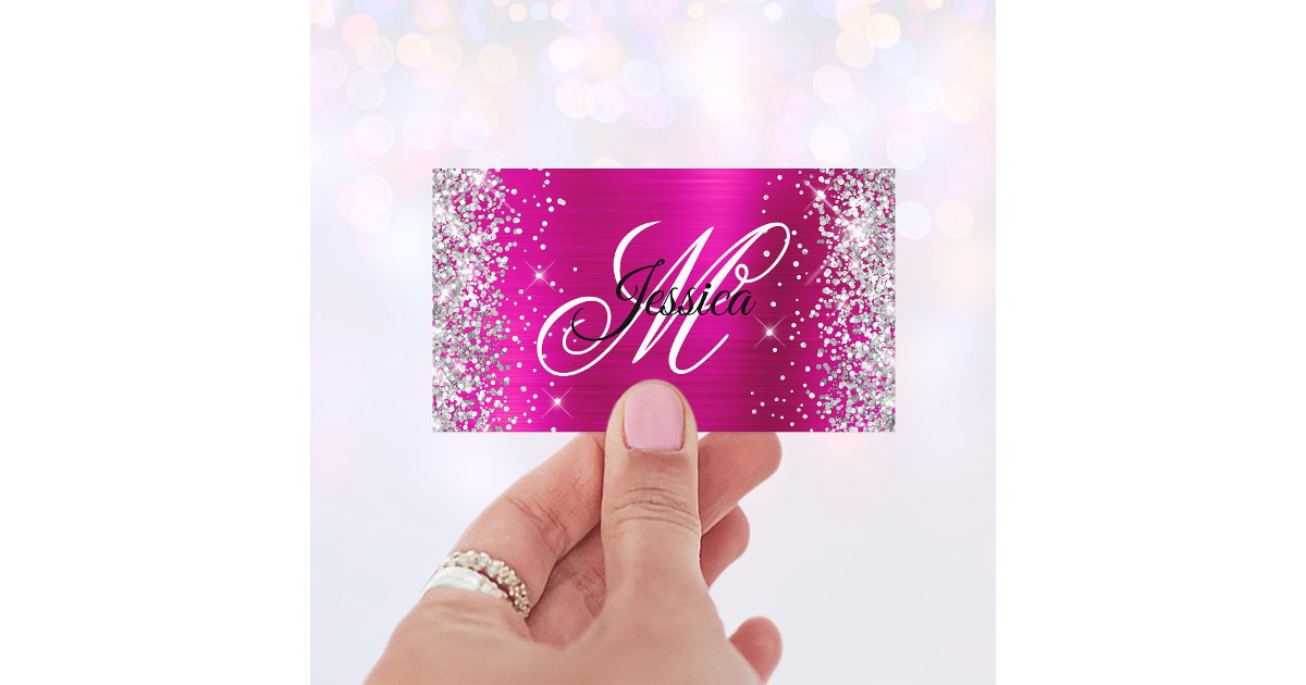 Silver Glitter Hot Pink Foil Monogram Profile Business Card | Zazzle