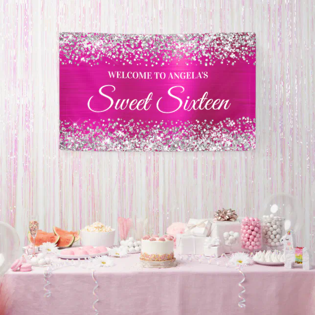 Silver Glitter Hot Pink Foil Sweet Sixteen Welcome Banner | Zazzle
