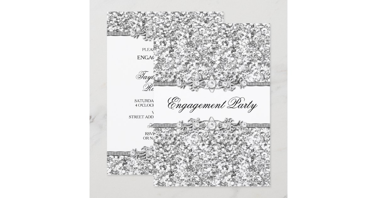 Silver Glitter & Jewel Engagement Party Invite | Zazzle