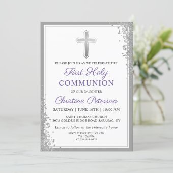 Silver Glitter Lavender Purple First Communion Invitation | Zazzle