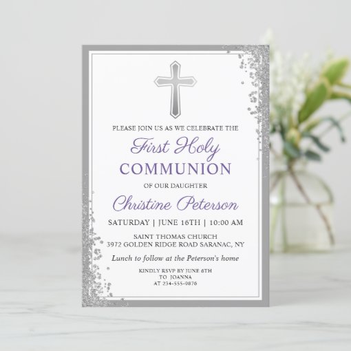 Silver Glitter Lavender Purple First Communion Invitation | Zazzle