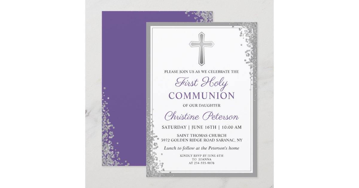 Silver Glitter Lavender Purple First Communion Invitation | Zazzle