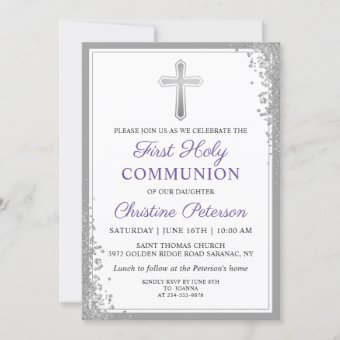 Silver Glitter Lavender Purple First Communion Invitation | Zazzle