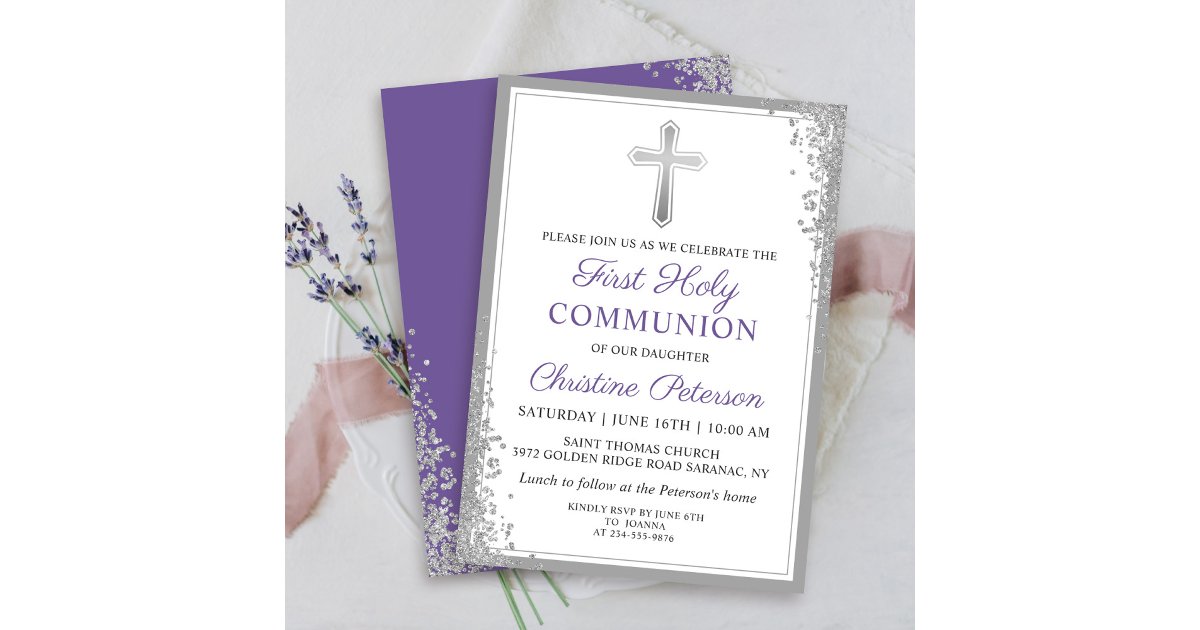 Silver Glitter Lavender Purple First Communion Invitation | Zazzle