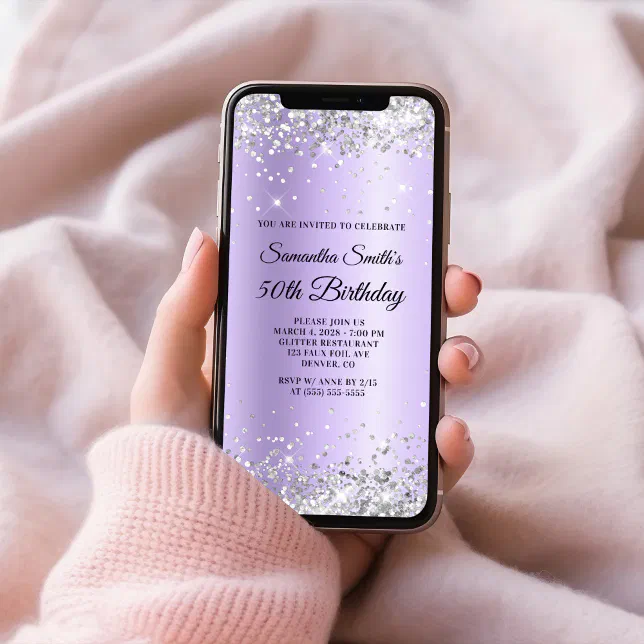 Silver Glitter Lavender Satin 50th Birthday Invitation | Zazzle