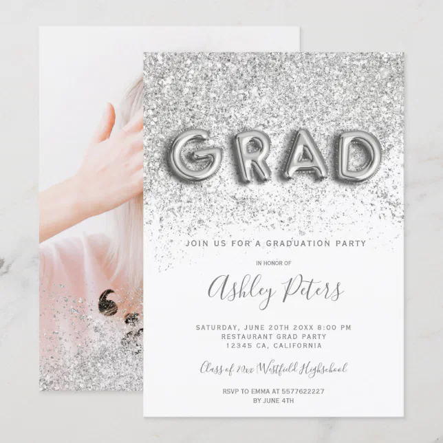 Silver glitter letters pink photo graduation invitation | Zazzle