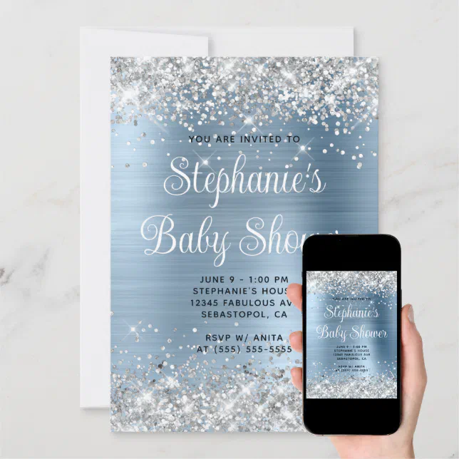 Silver Glitter Light Blue Baby Shower Invitation | Zazzle