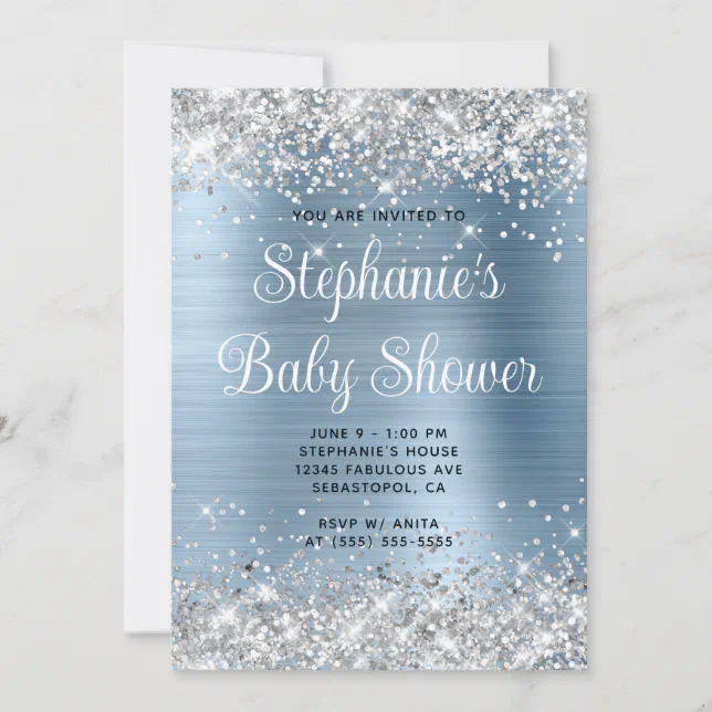 Silver Glitter Light Blue Baby Shower Invitation | Zazzle