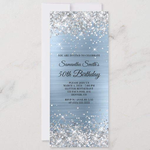 Silver Glitter Light Blue Foil 50th Birthday Invitation | Zazzle
