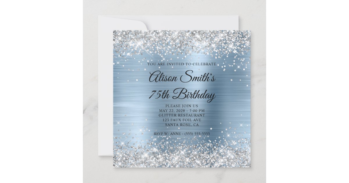 Silver Glitter Light Blue Monogram 75th Birthday Invitation | Zazzle
