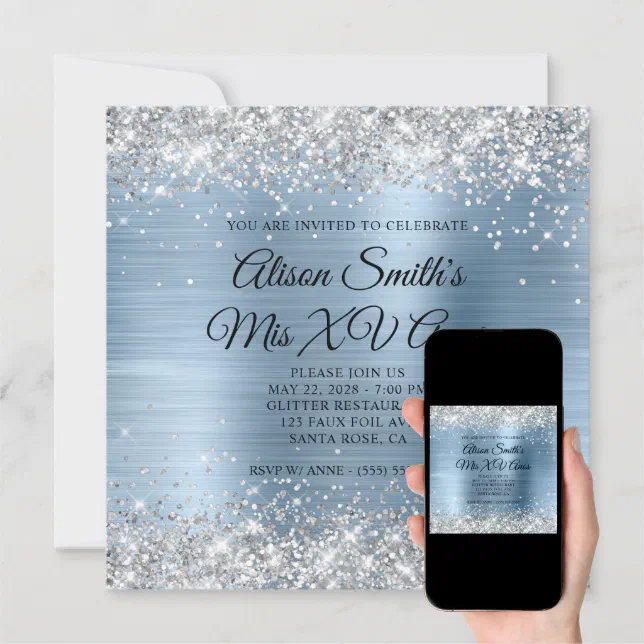Silver Glitter Light Blue Monogram Mis XV Anos Invitation | Zazzle