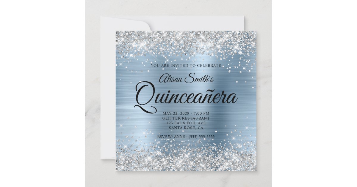 Silver Glitter Light Blue Monogram Quinceanera Invitation | Zazzle