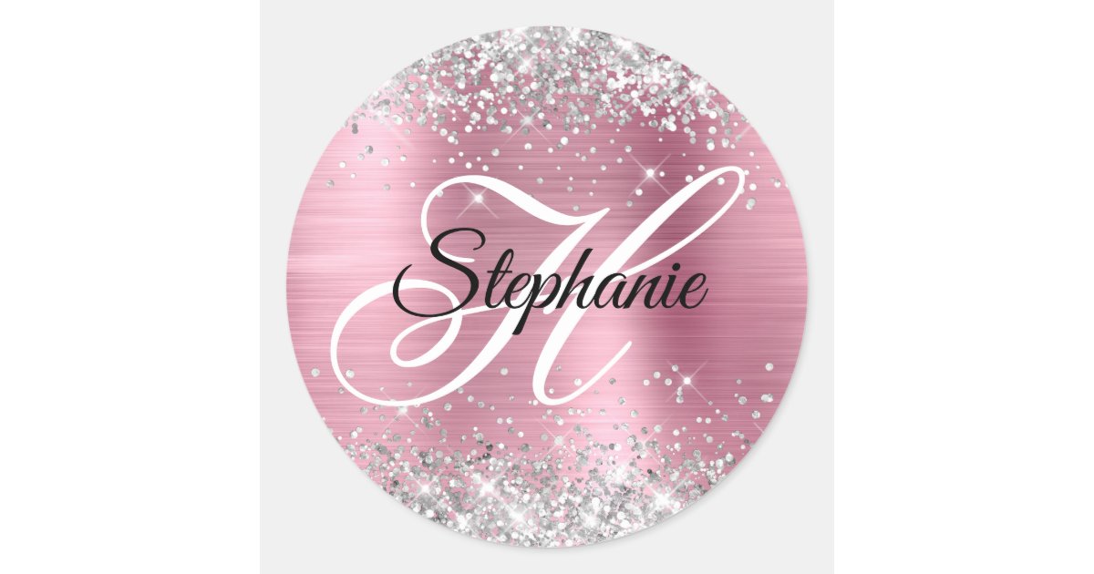 Silver Glitter Light Pink Foil Fancy Monogram Classic Round Sticker ...