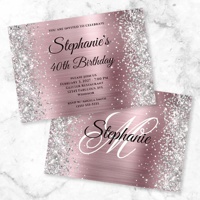 Silver Glitter Light Pink Monogram 40th Birthday Invitation | Zazzle