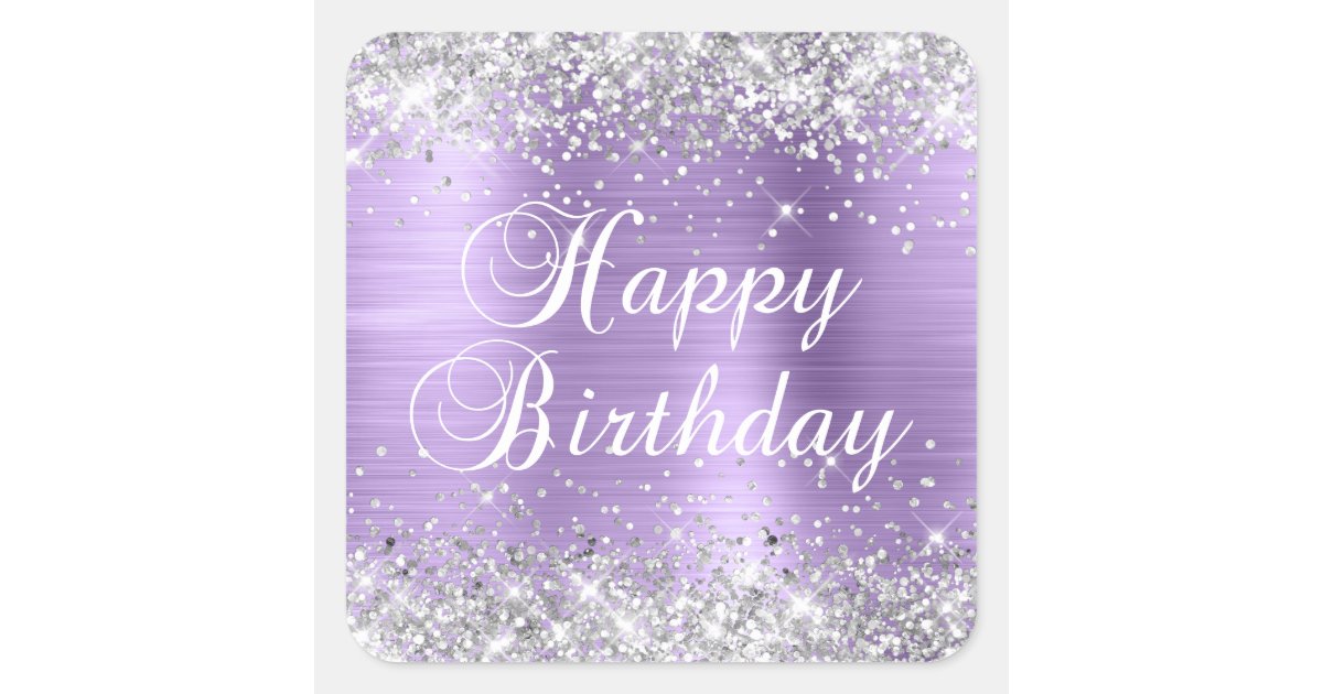 Silver Glitter Light Purple Happy Birthday Square Sticker | Zazzle