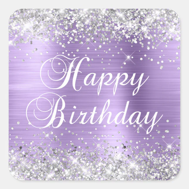 Silver Glitter Light Purple Happy Birthday Square Sticker | Zazzle