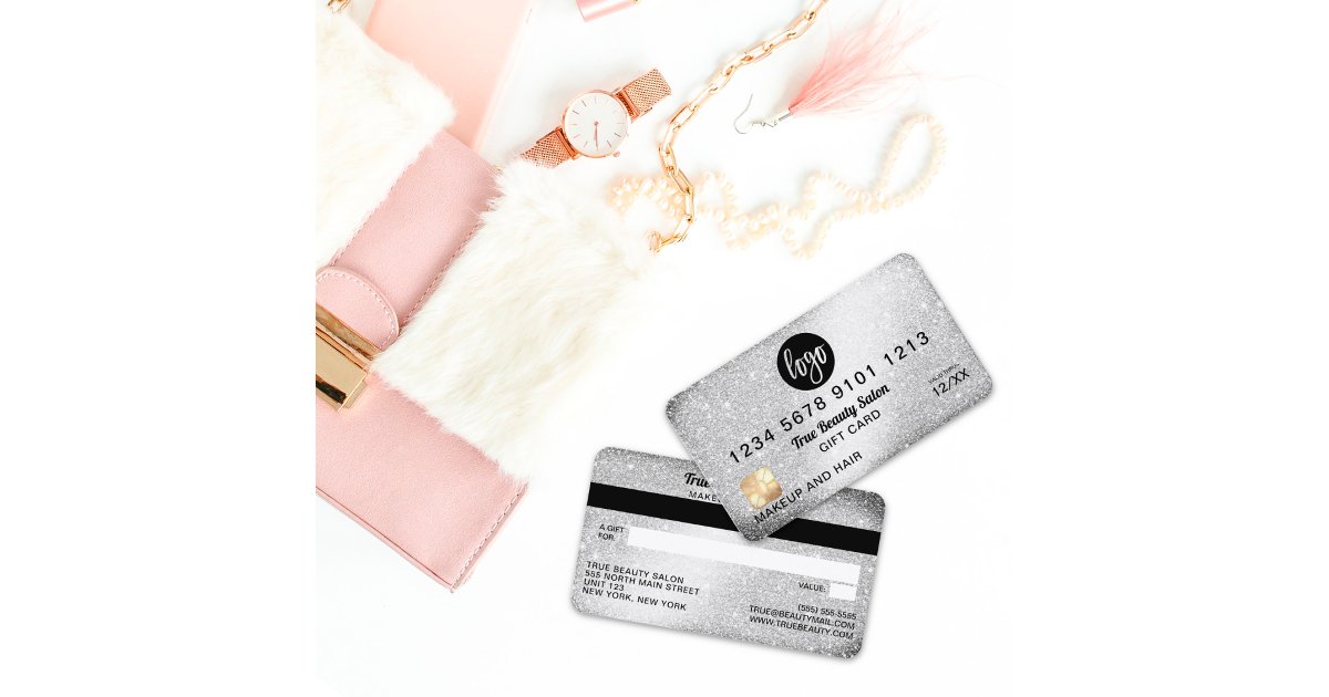 Silver Glitter Logo Credit Card Gift Certificate | Zazzle
