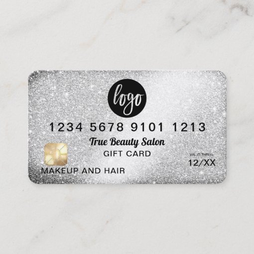 Silver Glitter Logo Credit Card Gift Certificate | Zazzle