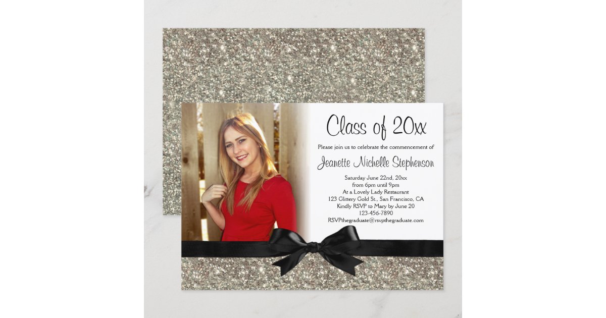 Silver Glitter-look Ribbon Bow Photo Graduation Invitation | Zazzle