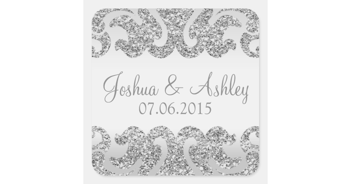 Silver Glitter Look Wedding Square Sticker | Zazzle