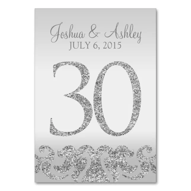 Silver Glitter Look Wedding Table Numbers-30 Table Number | Zazzle