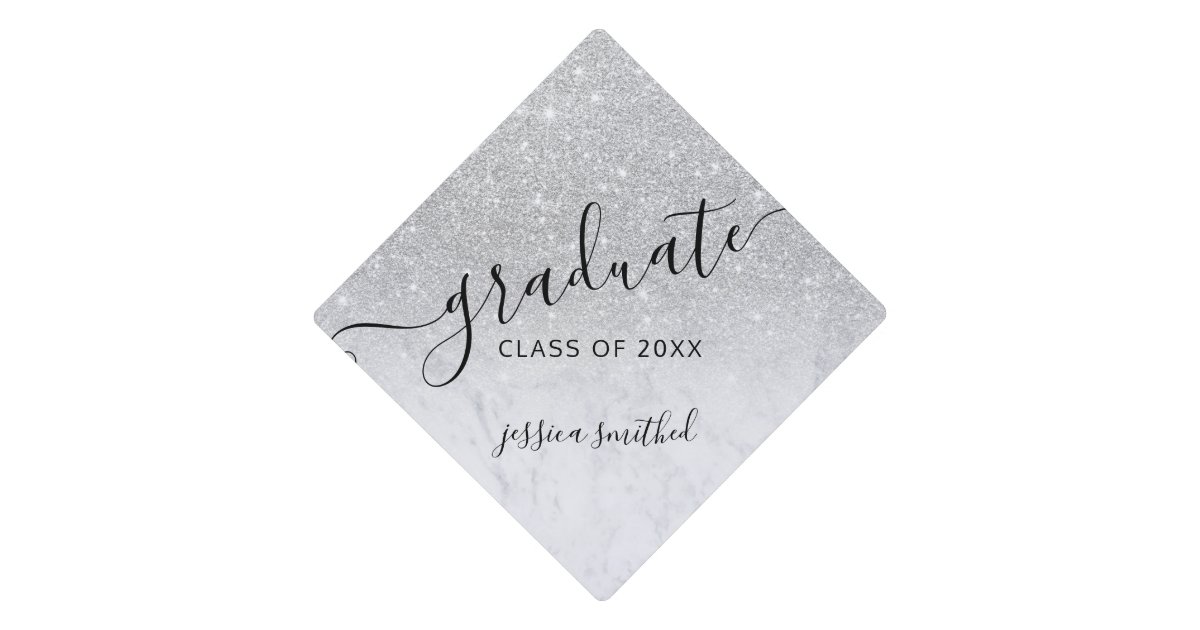 Silver glitter marble chic typography graduate graduation cap topper ...