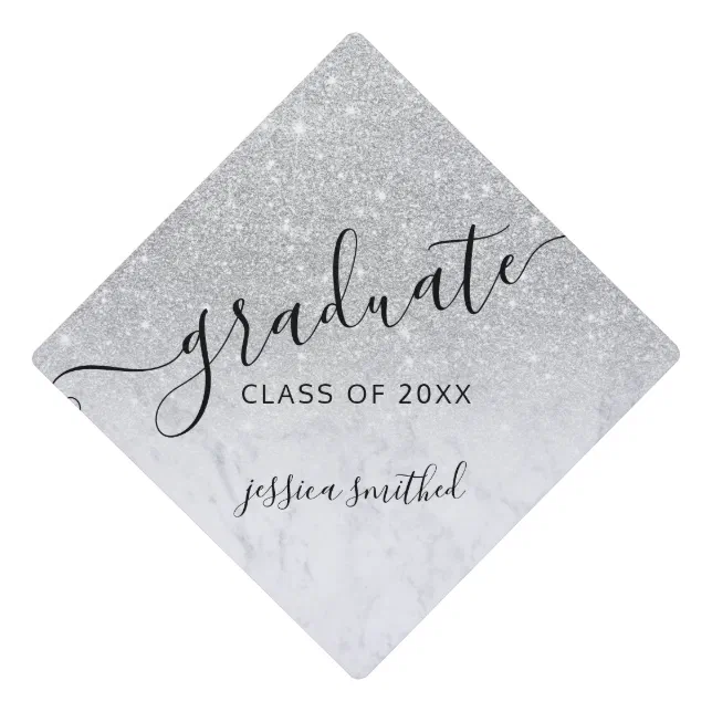 Silver glitter marble chic typography graduate graduation cap topper ...