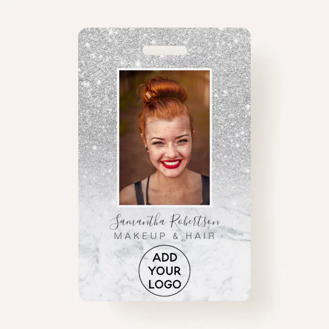 Silver glitter marble logo employee photo pass badge | Zazzle