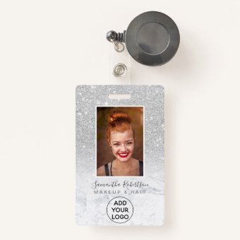 Silver glitter marble logo employee photo pass badge | Zazzle