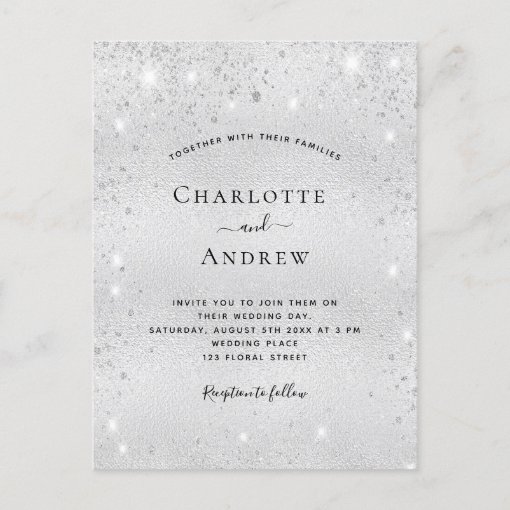 Silver glitter metal modern elegant wedding invitation postcard | Zazzle