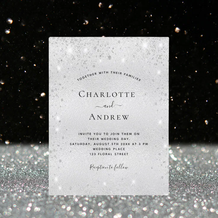 Silver glitter metal modern elegant wedding invitation postcard | Zazzle