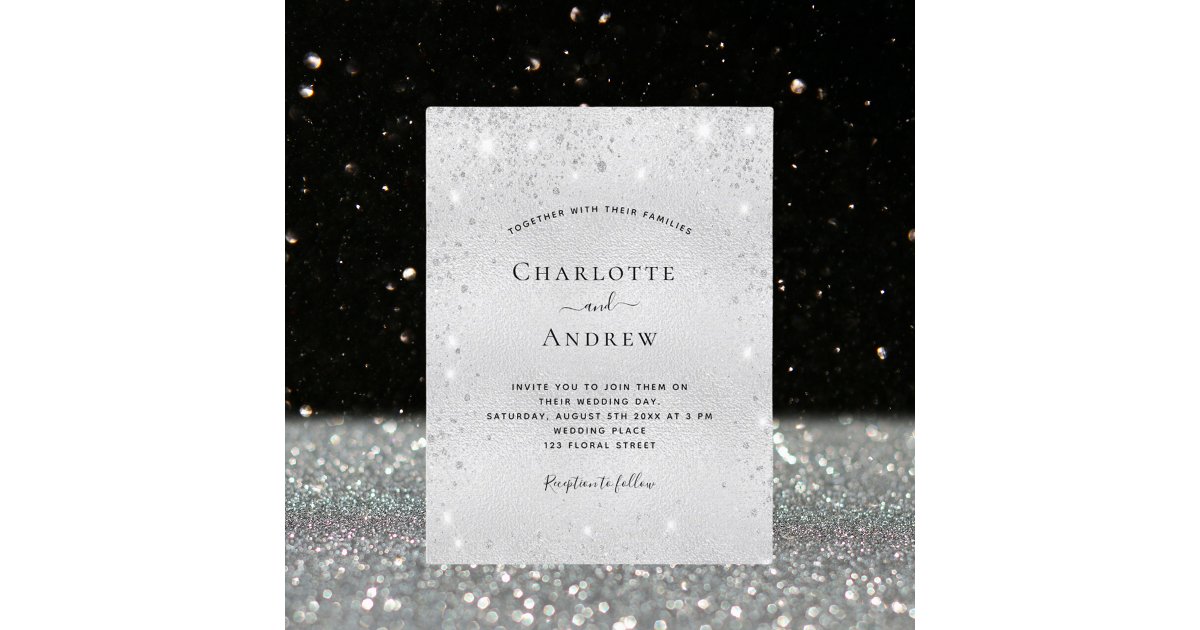Silver glitter metal modern elegant wedding invitation postcard | Zazzle
