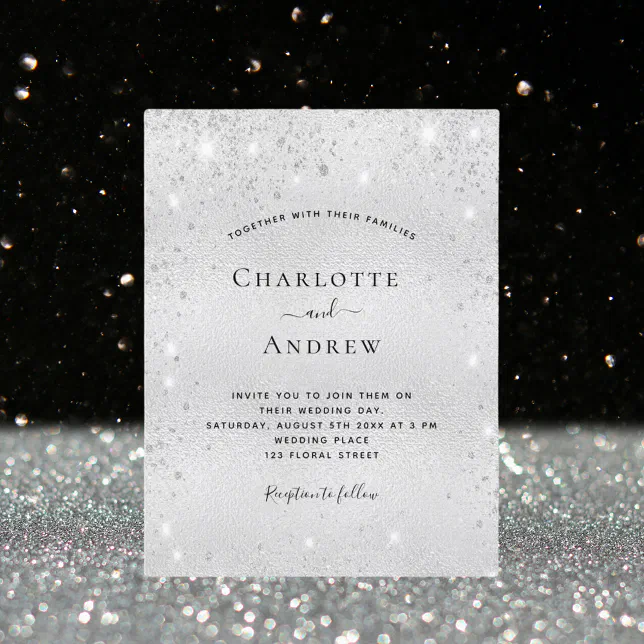 Silver glitter metal modern elegant wedding invitation postcard | Zazzle