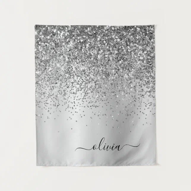 Silver Glitter Metal Monogram Glam Name Tapestry | Zazzle